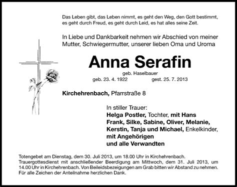 Traueranzeigen Von Anna Serafin Trauer Nn De