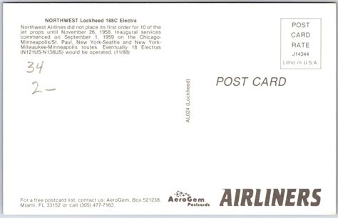 Airplane Northwest Lockhead 188c Electra Northwest Airlines Aircraft Postcard Other Unsorted