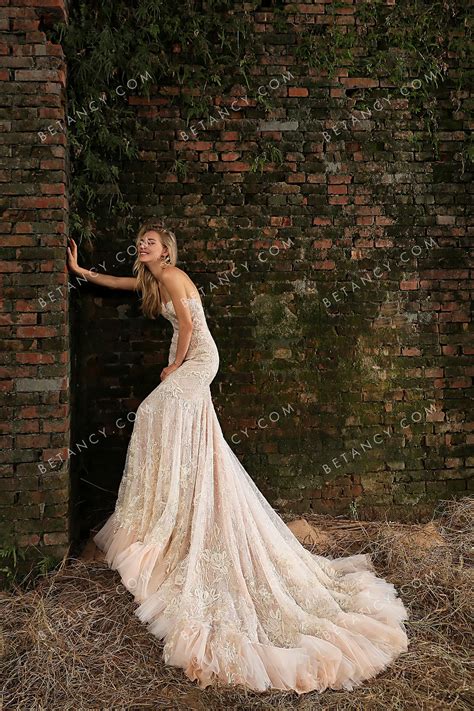 Strapless Sweetheart Beaded Lace Dusty Rose Bridal Gown Betancy