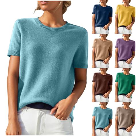 Purcolt Womens Short Sleeve Sweater Casual Crew Neck Knitted Tops
