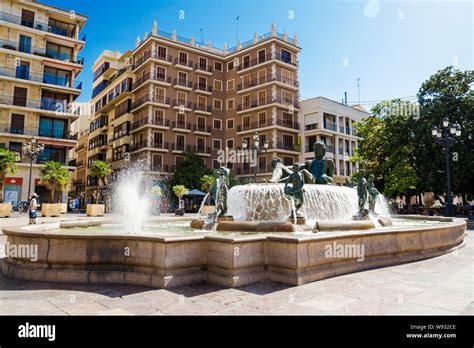 Valencia Spain A Fountain Neptune Surrounded By Eight