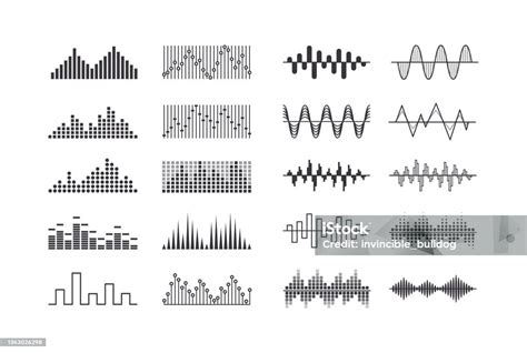 음악 음파 무선 주파수 트랙 및 진동 임펄스 징후의 집합 오디오 디지털 이퀄라이저 기술 Dj에 대한 스톡 벡터 아트 및 기타 이미지 Dj 개체 그룹 건강관리와 의술