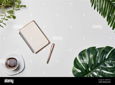 Bright Office Workspace Work Space With Notepad Keyboard Coffee And