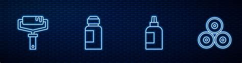 세트 라인 페인트 구아슈 항아리 염료 롤러 브러시 및 스프레이 캔 벽돌 벽에 빛나는 네온 아이콘 벡터 가득 찬에 대한 스톡 벡터 아트 및 기타 이미지 Istock