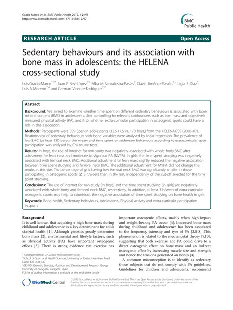Pdf Sedentary Behaviours And Its Association With Bone Mass In Adolescents The Helena Cross