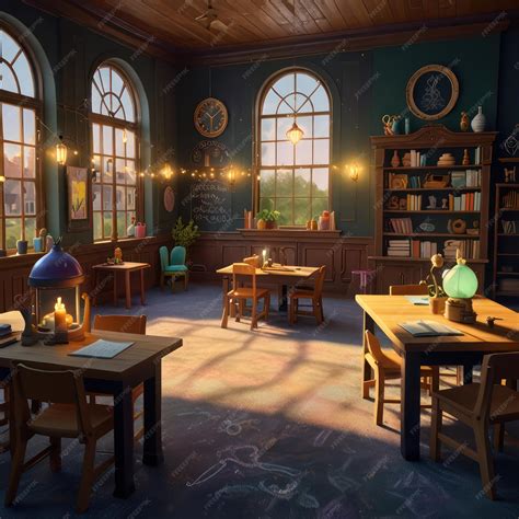 Design A Scene Inside A Magical School With Cartoon Students Practicing