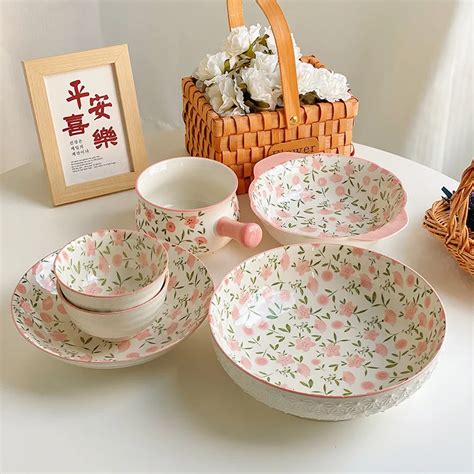 Cute Pink Flower Ceramic Dinner Set Dish Plates Set Dinnerware Set