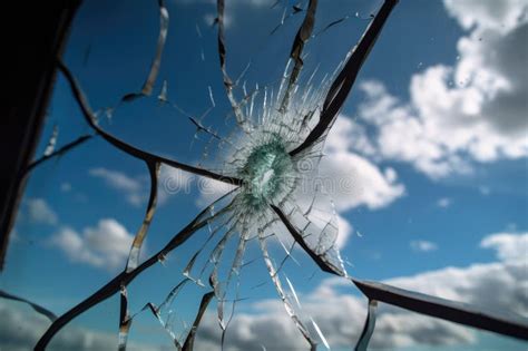 Crack In Glass Windowpane With View Of Sky And Clouds Stock