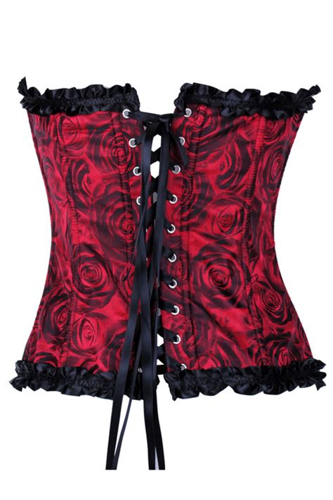 Magnificent Red Bodice Finely Decorated With Faded Black Rose Prints
