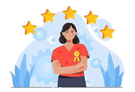 성취와 성공의 개념 밝은 배경에 숫자 1 리본 별 기어를 가진 자신감 넘치는 여성 벡터 일러스트 레이 션 상에 대한 스톡 벡터 아트 및 기타 이미지 Istock