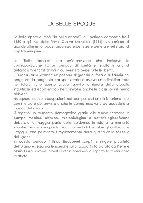 La Belle Epoque Riassunto In Breve Sintesi Del Corso Di Storia Docsity