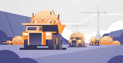 비트 코인 황금 동전 디지털 돈 생산 암호 화폐 블록 체인과 대형 트럭 광산 운송 가상현실에 대한 스톡 벡터 아트 및 기타