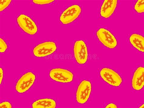 Seamless Pattern With Gold Coins And Bitcoin Symbol In Pixel Art Style