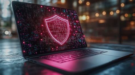 Laptop Displaying Cybersecurity Shield With Digital Background Stock