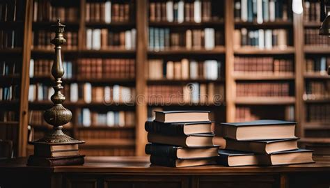 Books And A Brass Candlestick On A Table In A Library Stock