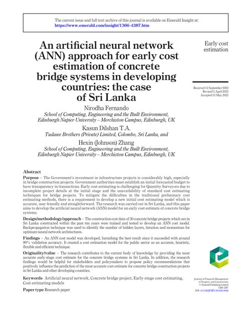 pdf an artificial neural network ann approach for early cost estimation of concrete bridge