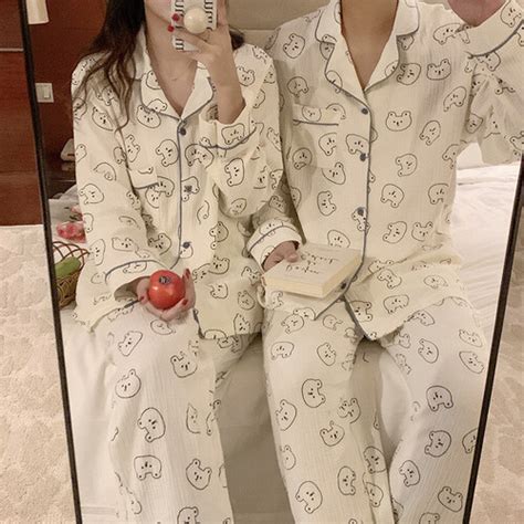 오로니 화이트 곰돌이 요루면 긴팔 커플 잠옷 여자 남자 순면 빅사이즈 신혼 파자마 라운지웨어