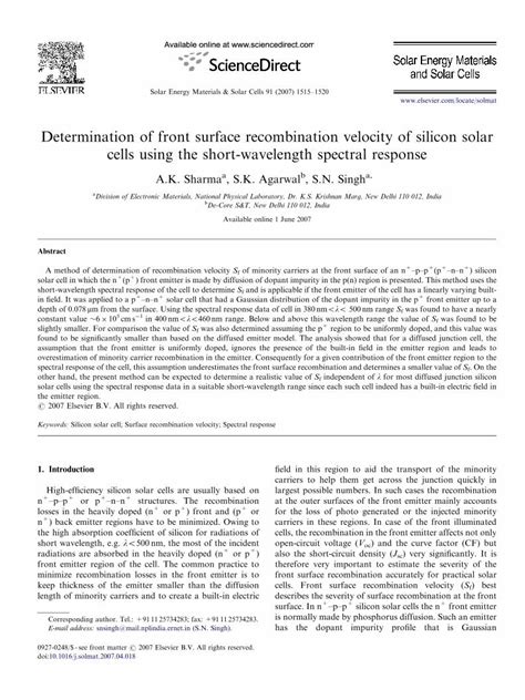 Pdf Determination Of Front Surface Recombination Velocity Of Silicon