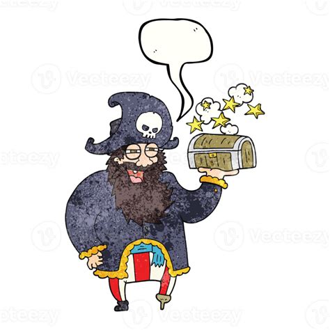 Speech Bubble Textured Cartoon Pirate Captain With Treasure Chest