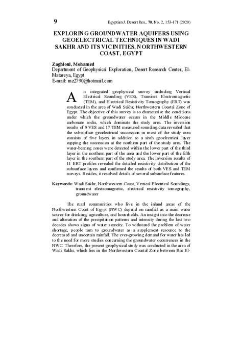 Pdf Exploring Groundwater Aquifers Using Geoelectrical Techniques In Wadi Sakhr And Its