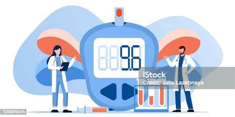 의학 당뇨병 유형 2 개념 설탕 수준을 측정하기위한 글루컴터 혈액 포도 당 미터 알 약 주사기와 유리병 인슐린 생산 실험실 테스트 장비와 의사 벡터 배너 템플릿 건강관리와
