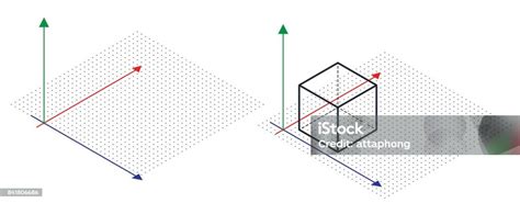 아이소메트릭 드로잉 30 Degreesangle 그것의 측면에 적용 됩니다 큐브 반대입니다 3 차원 좌표 축 벡터입니다 그리드