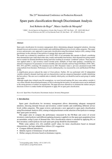 PDF Spare Parts Classification Through Discriminant Analysis