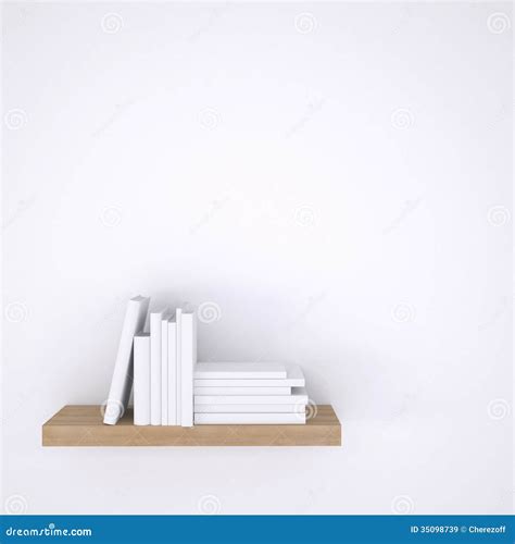 Houten Plank Met Boeken Op Witte Muurachtergrond Stock Afbeelding