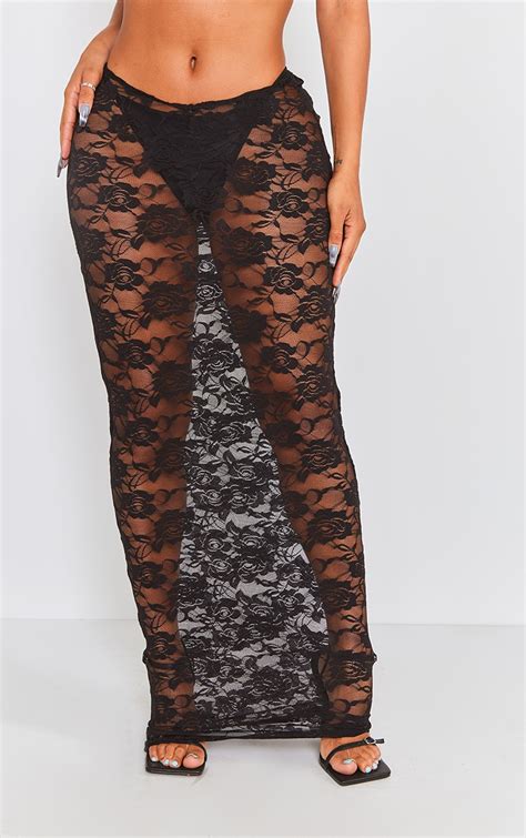 Shape Black Lace Low Rise V Front Maxi Skirt Shape Prettylittlething Ca