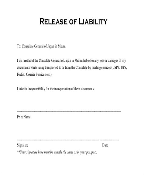 Printable General Release Of Liability Form