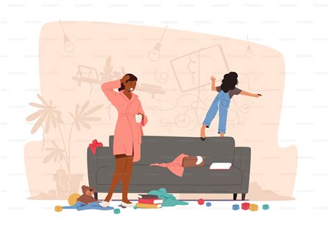 어머니 캐릭터는 벽에 그림을 그리는 어린 소녀 장난꾸러기 아이를 엉망으로 만들고 그림을 그리고 물건을 던지는 것에 충격을 받았습니다 아기는 집에서 혼란을 일으키고