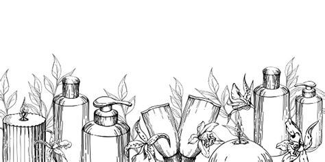 손으로 그린 벡터 잉크 스파 스킨 케어 목욕 미용 제품 패키지 이음매 없는 수평 배너 흰색 배경에 격리되어 있습니다 벽 예술 웰빙 리조트 인쇄 직물 표지 카드 소책자 디자인