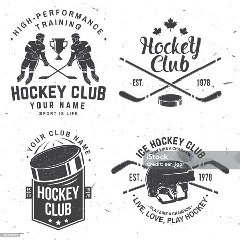 아이스 하키 클럽 로고 배지 디자인 셔츠 또는 로고 인쇄 우표 또는 티에 대한 개념 겨울 스포츠 플레이어 스티커 퍽 및 스케이트 실루엣이있는 빈티지 타이포그래피 디자인 벡터