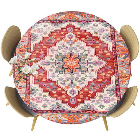 Bohemia Red Turkish Pattern Round Fitted Tablecloth With Elastic Edge
