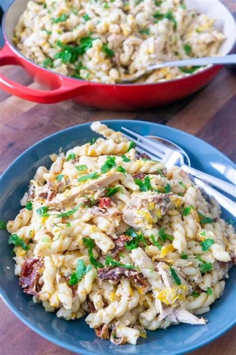 Gemelli Pasta With Summer Squash Roasted Chicken And Ricotta Tomato Sauce