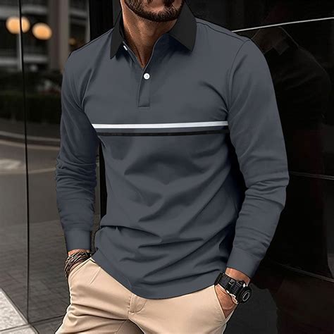 Long Sleeve Striped Button Polo Shirt Gray 2xl Newvay Long