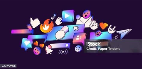 소셜 미디어 및 네트워크의 요소 말풍선 댓글 채팅 반응 좋아요 하트 엄지척 디지털 대화 온라인 커뮤니케이션의 개념 구성 플랫 벡터 일러스트 레이 션 그라데이션에 대한 스톡