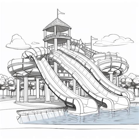 A Drawing Of A Water Slide In A Park With A Clock Tower Generative Ai