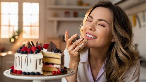 Premium Photo Woman Licking Her Fingers While Eating Cake