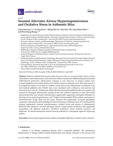 Pdf Sesamol Alleviates Airway Hyperresponsiveness And Oxidative