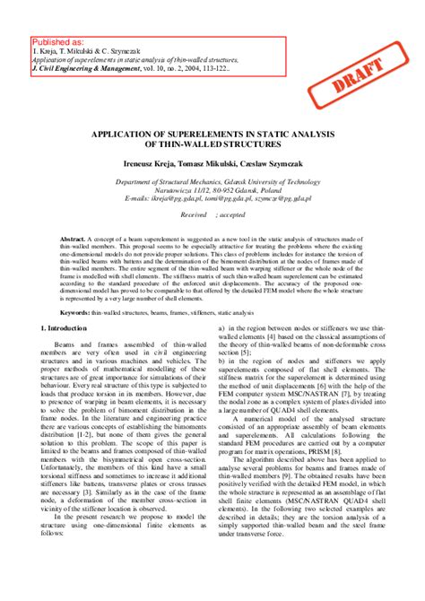 Pdf Application Of Superelements In Static Analysis Of Thin‐walled Structures Ireneusz Kreja