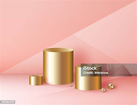 최소한의 추상 실린더 모양 그리고 황금 구체 벽 현장 플랫폼 다양 한 개체를 광고 하는 연단입니다 파스텔 색상에서 벡터 일러스트 레이 션 받침대에 대한 스톡 벡터 아트 및