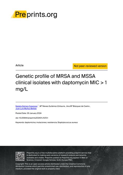 Pdf Genetic Profile Of Mrsa And Mssa Clinical Isolates With Daptomycin Mic 1 Mg L