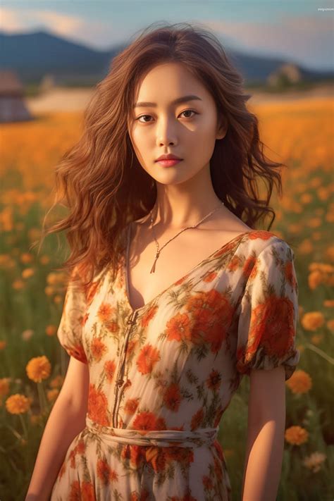 Beautiful Girl Wearing Sundress In Flowerfield By Ai Mademasterpieces