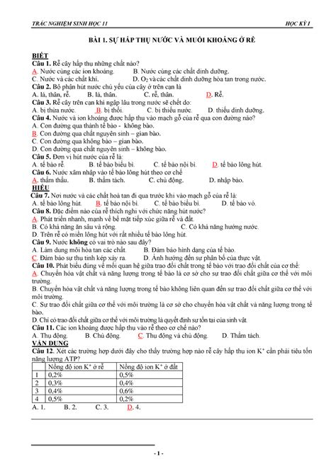 Trac nghiem sinh hoc pdf BÀI SỰ HẤP THỤ NƯỚC VÀ MUỐI KHOÁNG Ở RỄ BIẾT Câu R cây h