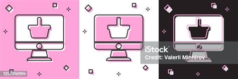 분홍색과 흰색 검은 색 배경에 격리 된 쇼핑 바구니 아이콘컴퓨터 모니터를 설정합니다 온라인 쇼핑 카트 슈퍼마켓 바구니 기호 벡터