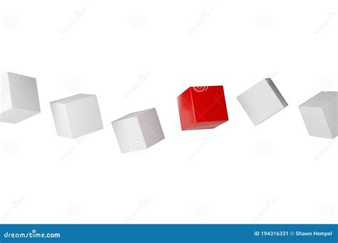Single Red Cube In Row Of Floating White Cubes Standing Out Leadership Or Difference Concept