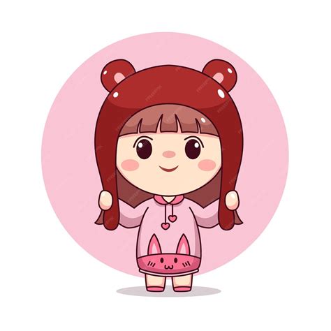 Premium Vector Happy Cute And Kawaii Girl With Pink Hoodie Bunny
