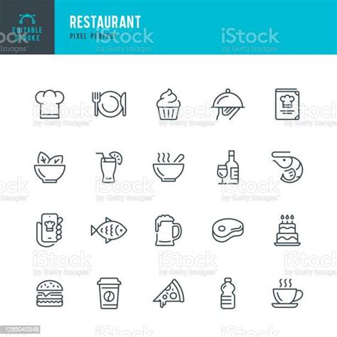 Restaurant 얇은 선 벡터 아이콘 세트 픽셀 완벽 편집 가능한 스트로크 레스토랑 피자 햄버거 고기 생선 해산물 채식 음식