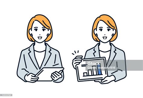 정장을 입은 여성의 벡터 일러스트 레이 션 자료가 태블릿 단말기로 설명됩니다 사업가에 대한 스톡 벡터 아트 및 기타 이미지